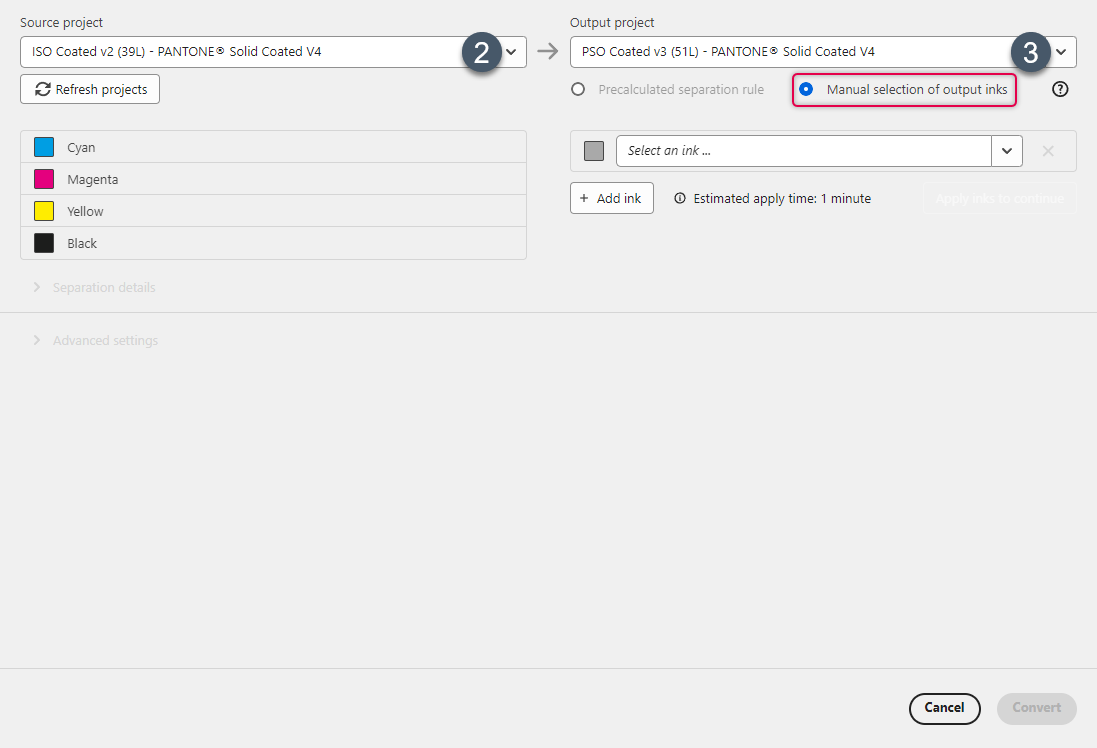 Convert colors without precalculated separation rule – GMG Support